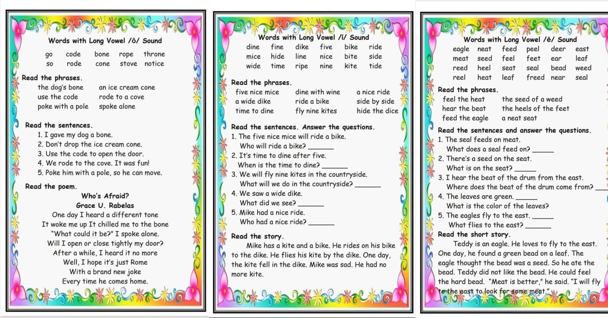 Long Vowel Reading Worksheets for Kids: Printable Phonics Passages ...